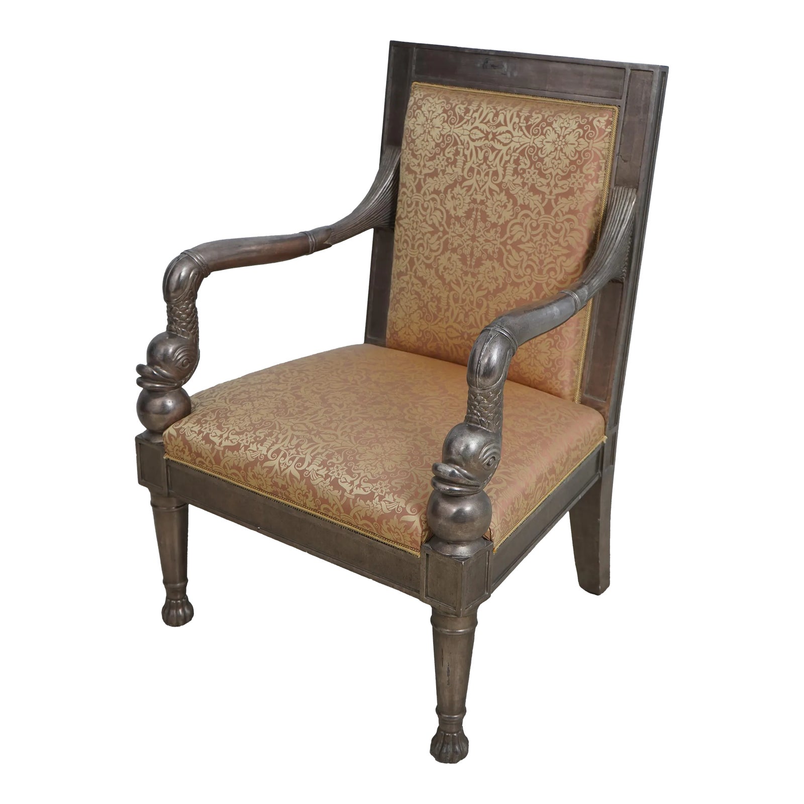 Dolphin Arm Large Silver Leaf Upholstered Throne Chair | Chairish