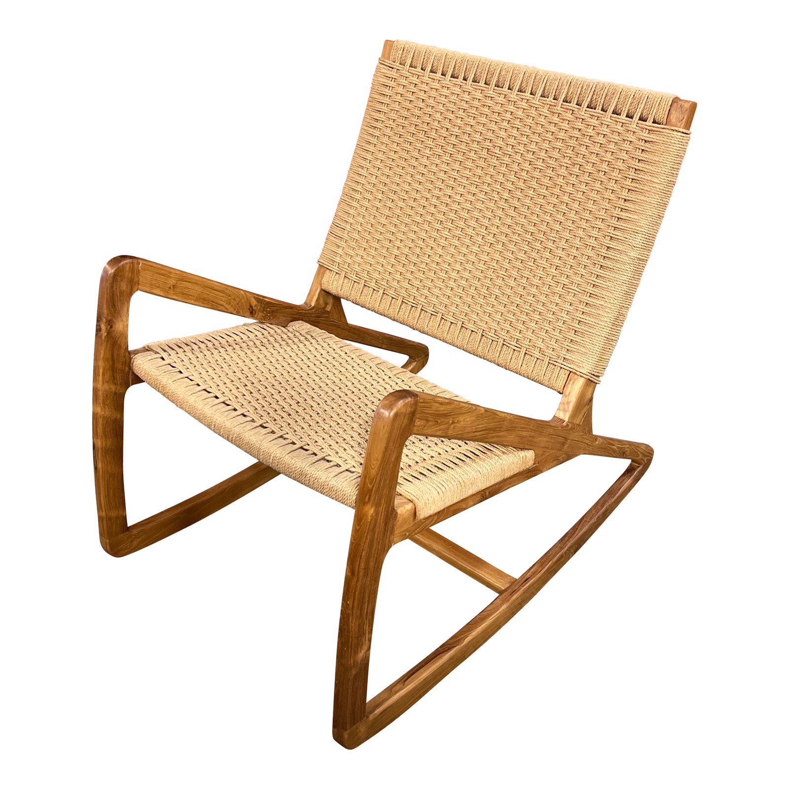 Boho Chic Teak and Natural Rope Rocking Chair | Chairish