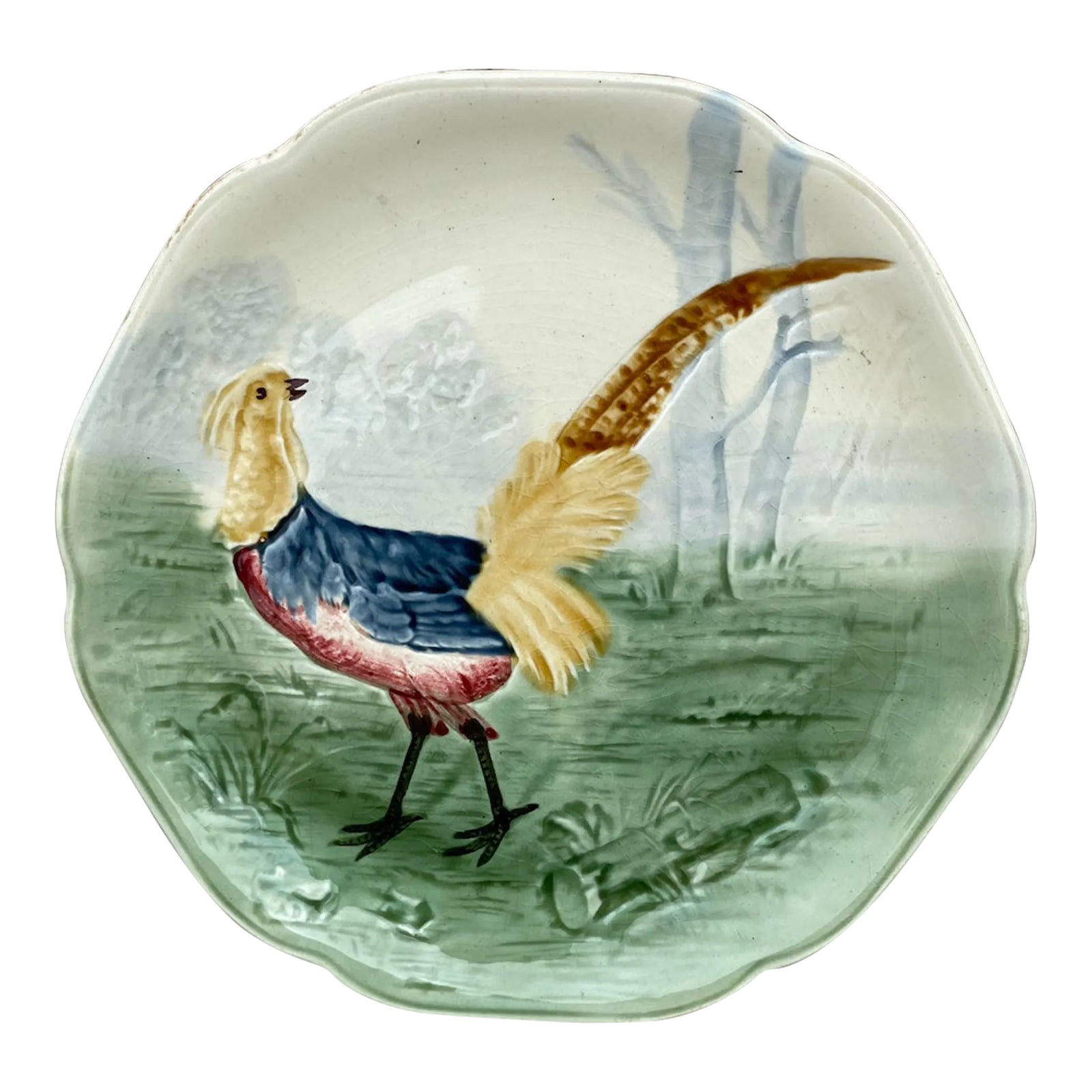 19th Century Majolica Pheasant Plate Choisy Le Roi | Chairish