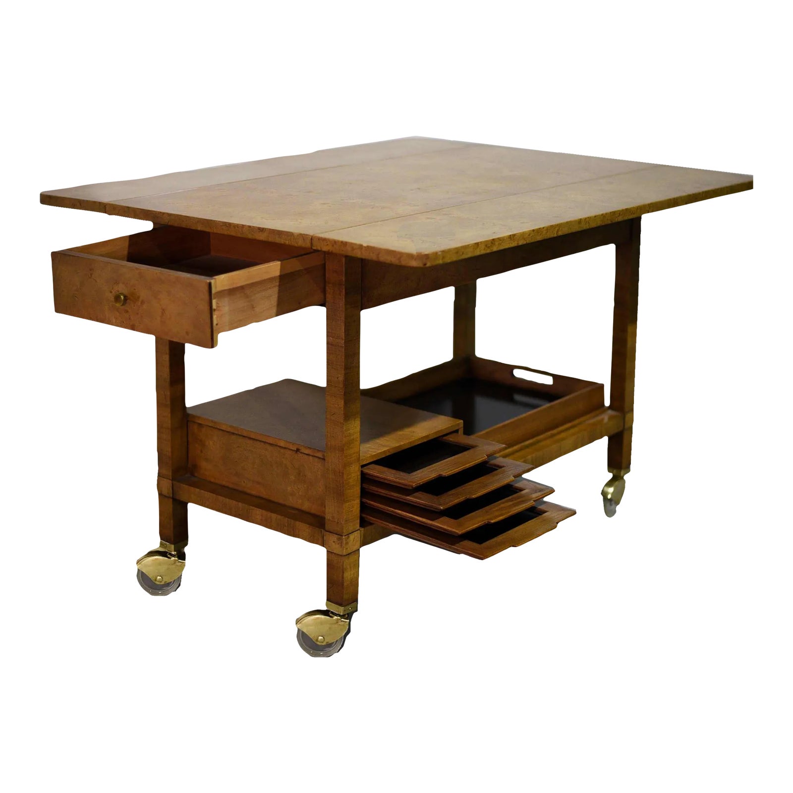 Mid Century Burl Wood Rolling Drop Leaf Bar Cart by Mastercraft | Chairish