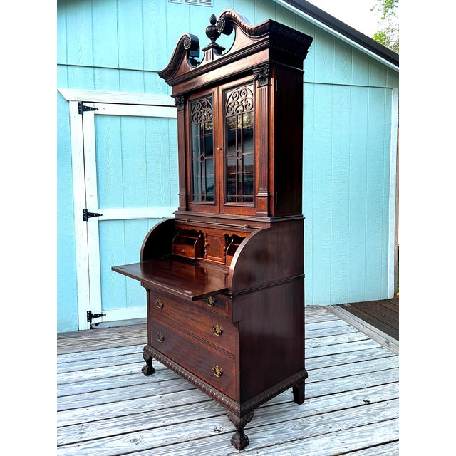Antique Mahogany Cylinder Roll Banded Secretary With Birdseye Maple ...