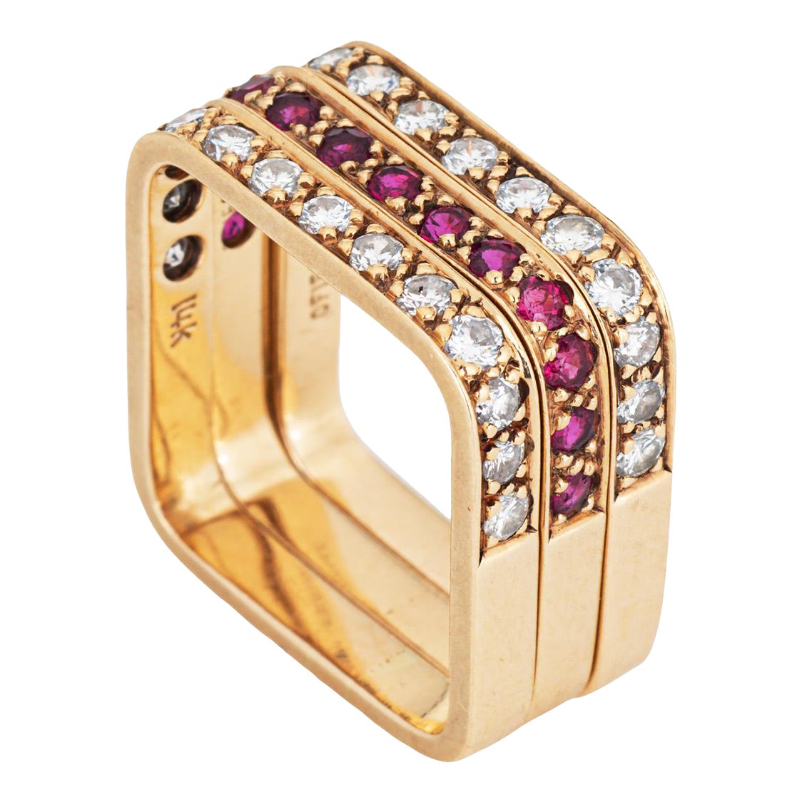 Mid 20th Century 14k Yellow Gold Diamond Ruby Square Stacking Rings ...