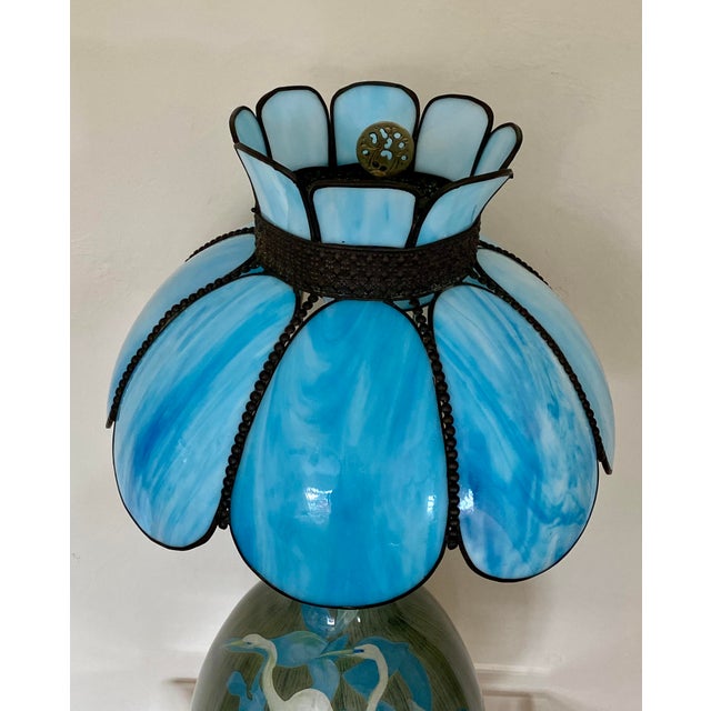 Italian Hand Painted Swans Ceramic Table Lamp With Slag Glass Shade ...