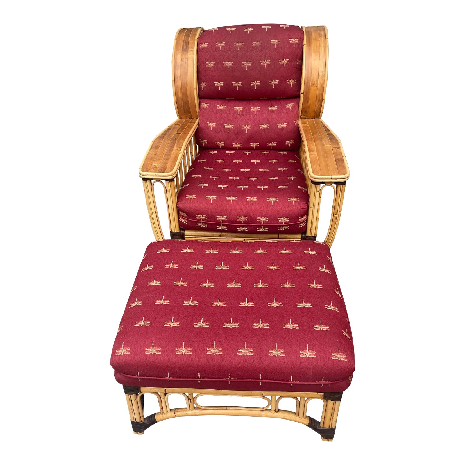 Tropical Coastal Tradewinds Split Reed Club Chair With Ottoman in Custom Dragonfly Fabric Chairish