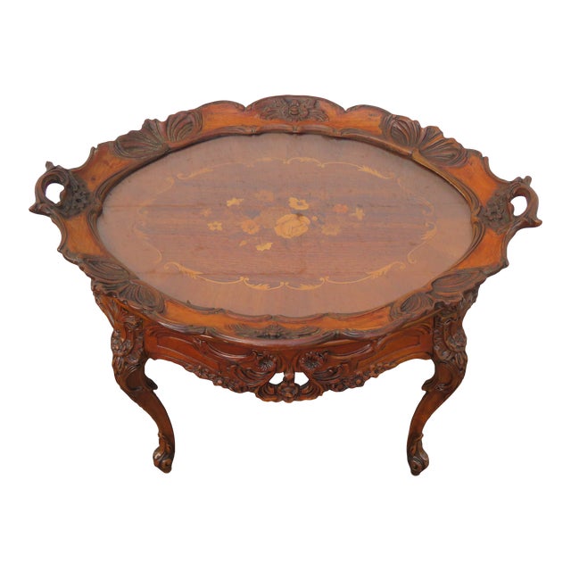 French Heavy Hand Carved Inlay Coffee Table With Glass Tray | Chairish