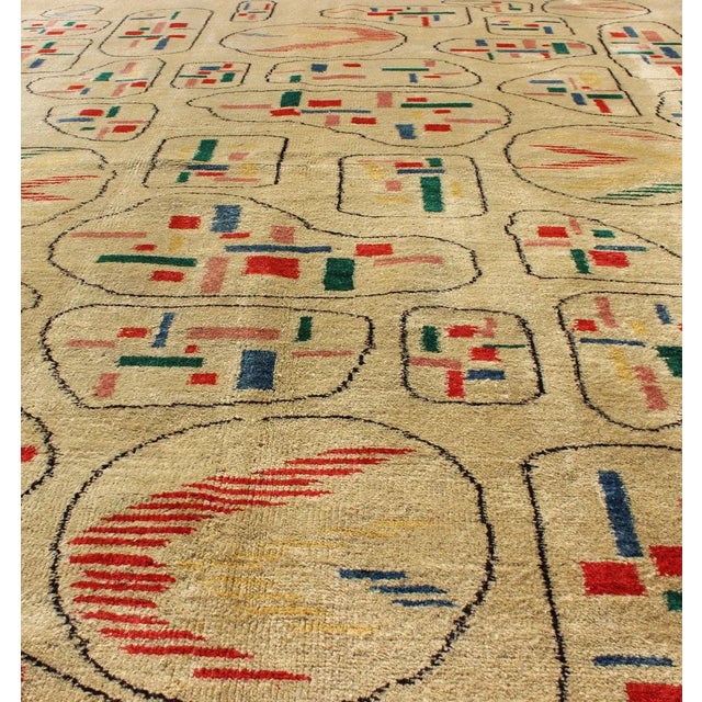 Yellow Background Vintage Turkish Mid-Century Modern Rug With Geometric ...