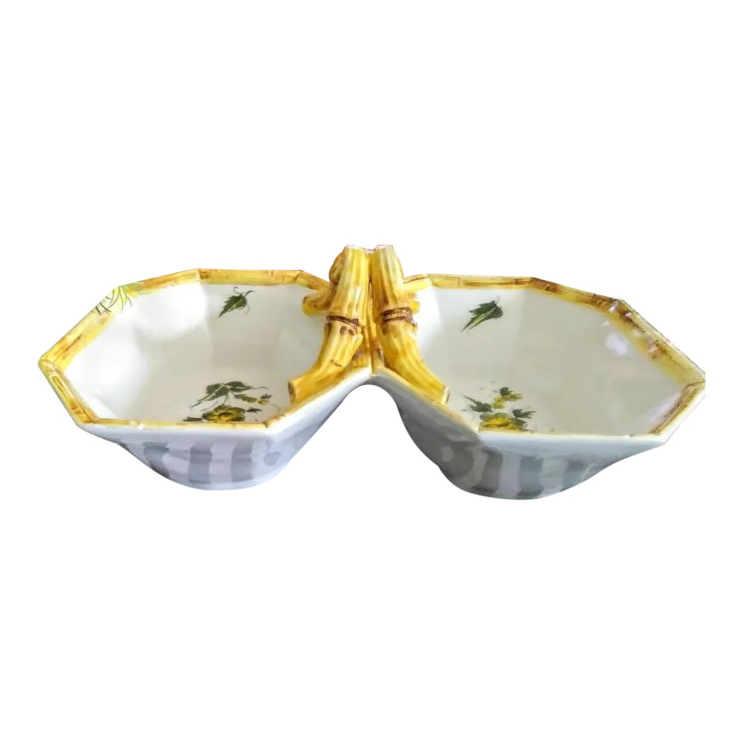 Italian Double Deep Ceramic Faux Bamboo Bowl Server | Chairish