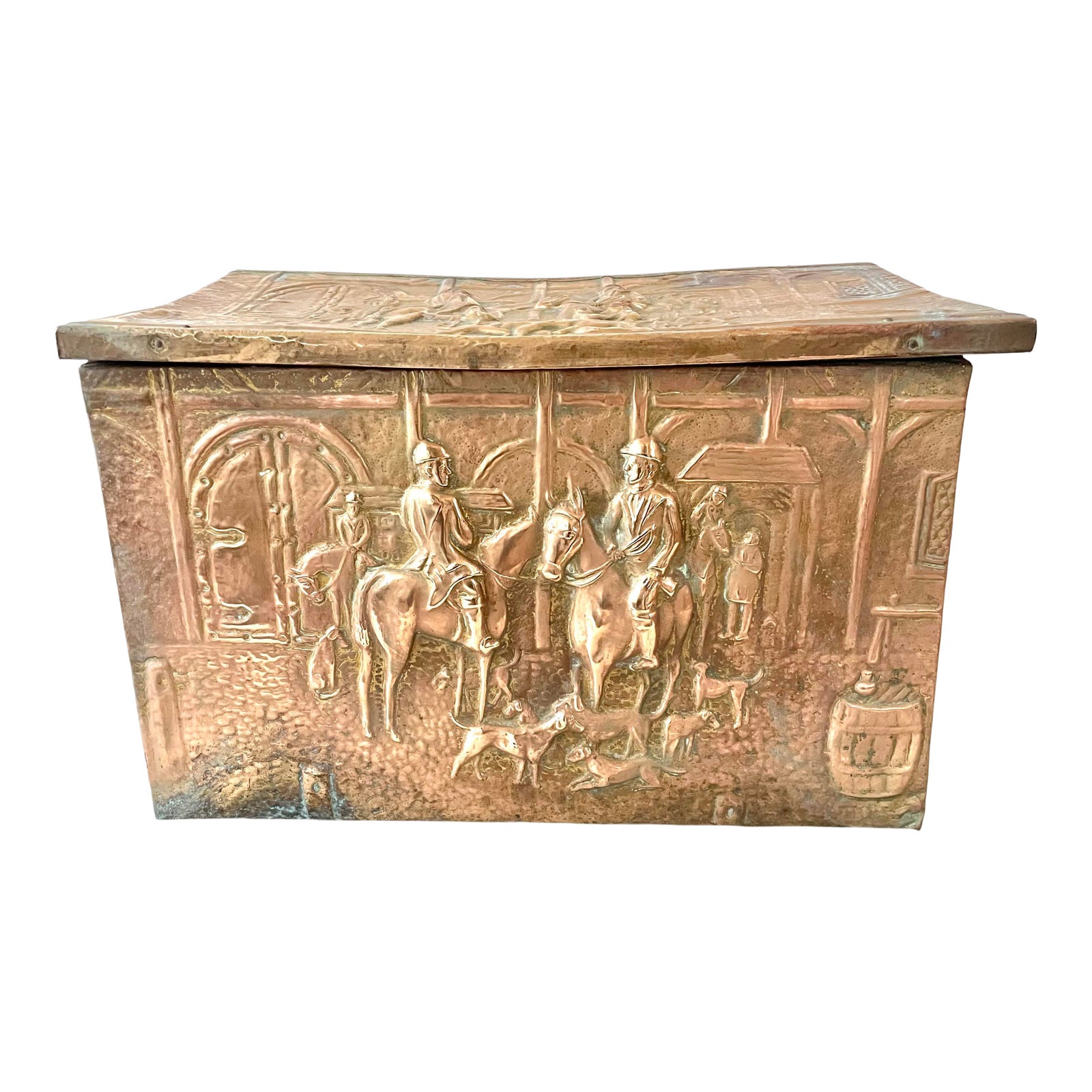 Antique 19th Century English Brass Box With Hunt Scene | Chairish