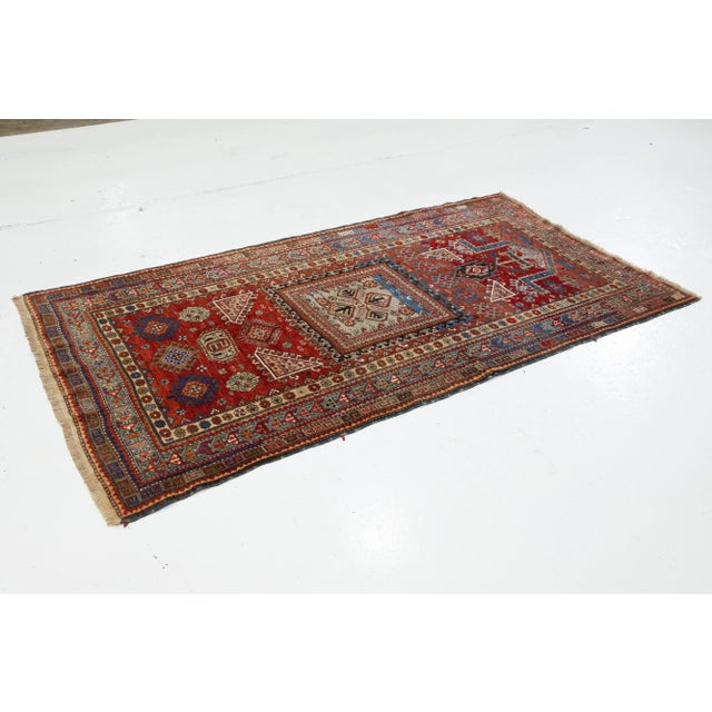 Red Vintage Caucasian Kazak Wool Rug With Geometric Pattern | Chairish