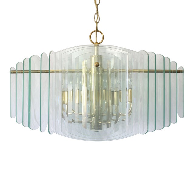 1990's Art Deco Brass and Glass Panel 8 Light Art Deco Chandelier by ...