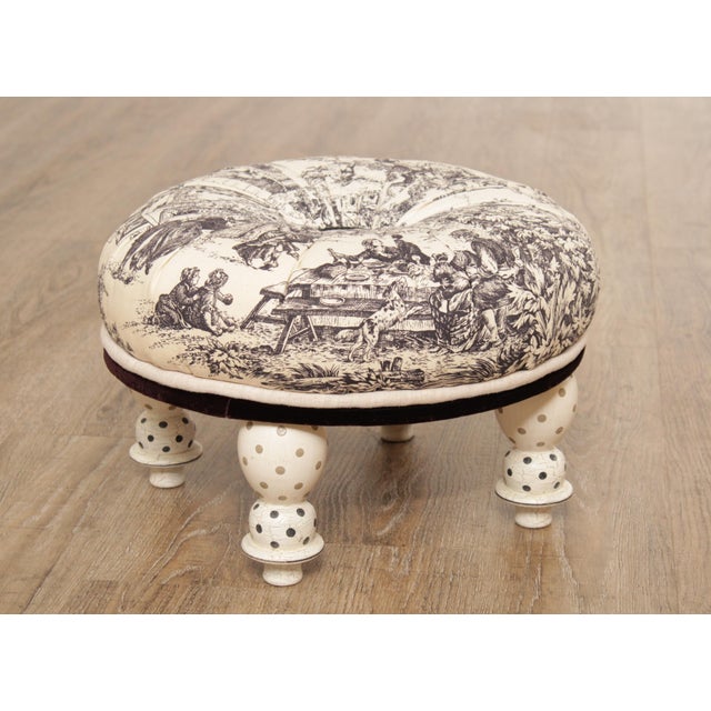 Blue Star Design French Toile Round Foot Stool | Chairish