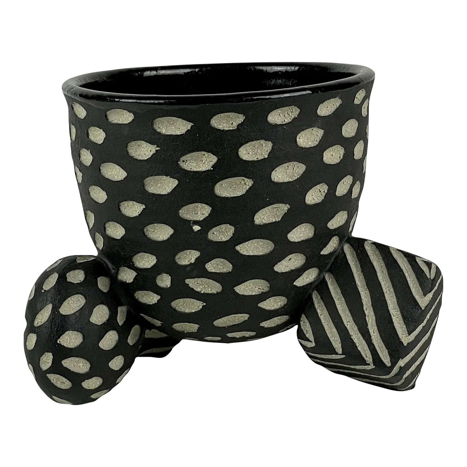 1990s Unusual Round Shaped Pottery Vase With Geometric Forms in B/W ...