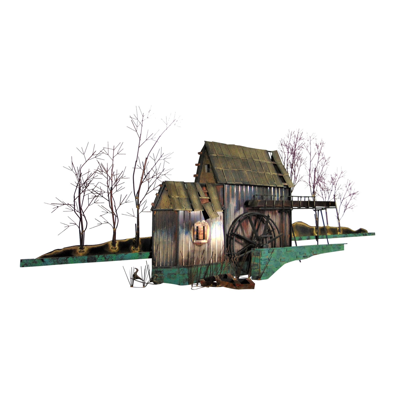 Jere Brutalist Mixed Metal Water Mill Landscape Sculpture | Chairish