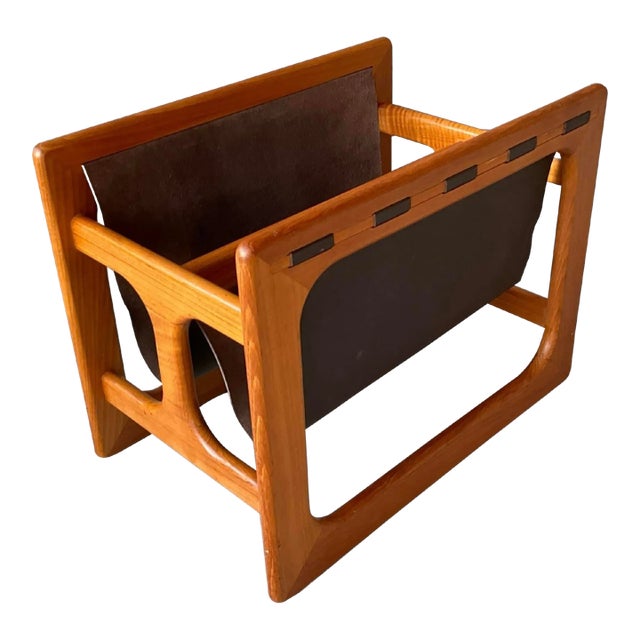Mid Century Modern Teak Wood and Leather Danish Magazine Rack | Chairish
