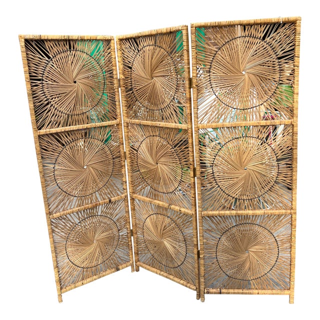 Vintage Wicker Detailed Boho Screen | Chairish