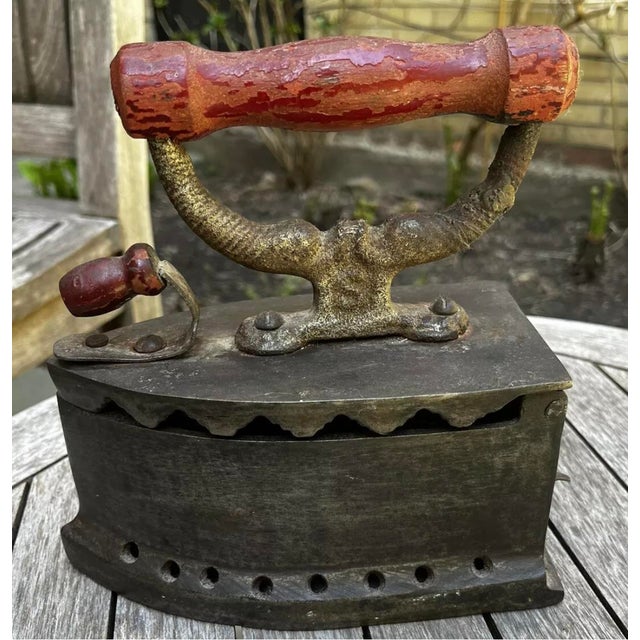 Antique Coal Iron With Wooden Handle | Chairish