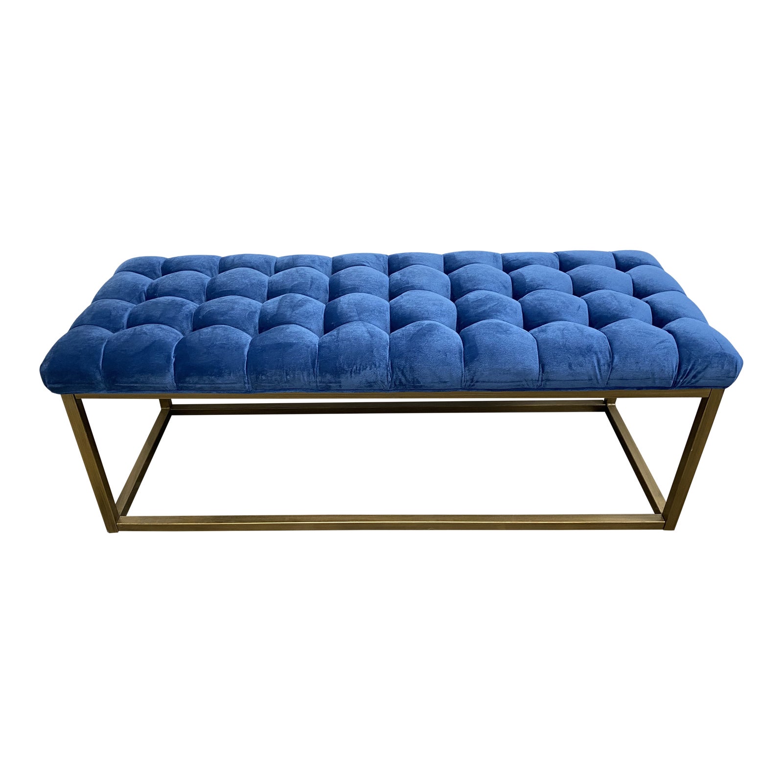Modern Blue Velvet Tufted Metal Bench | Chairish