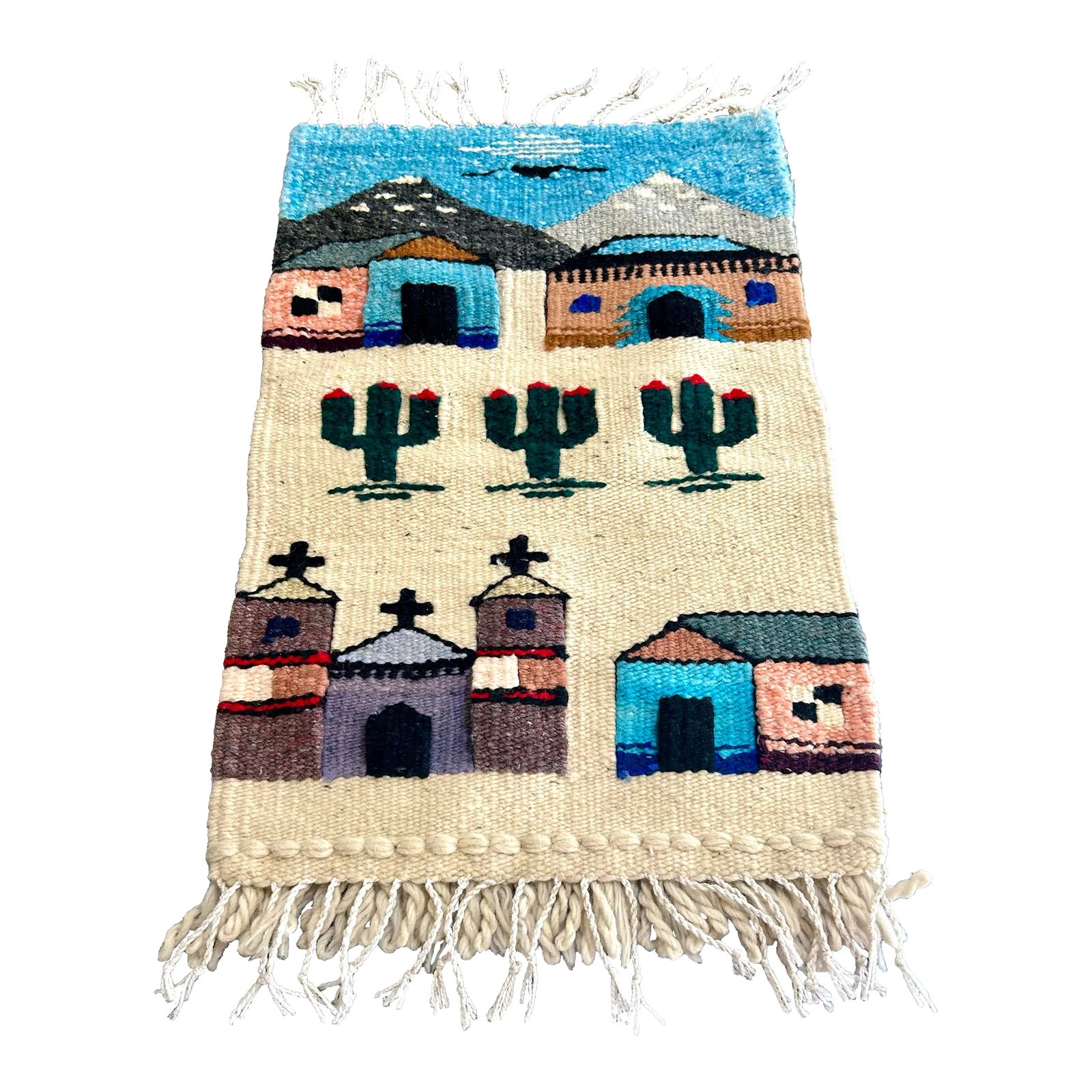Vintage Handwoven Mexican Tapestry, Slit Weave, With Scenes of Homes ...