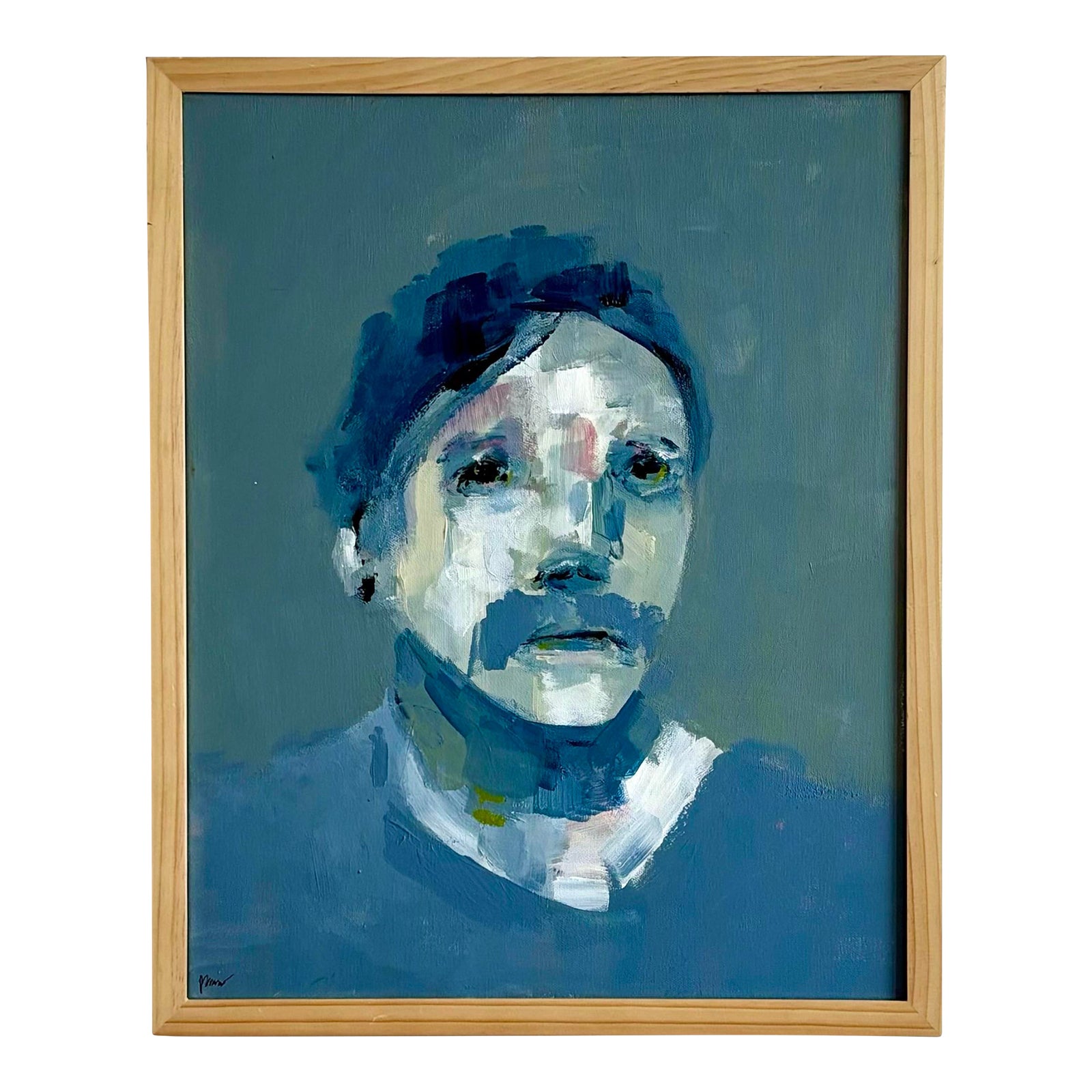 Vintage Abstract Grey Blue Portrait in Wood Frame | Chairish