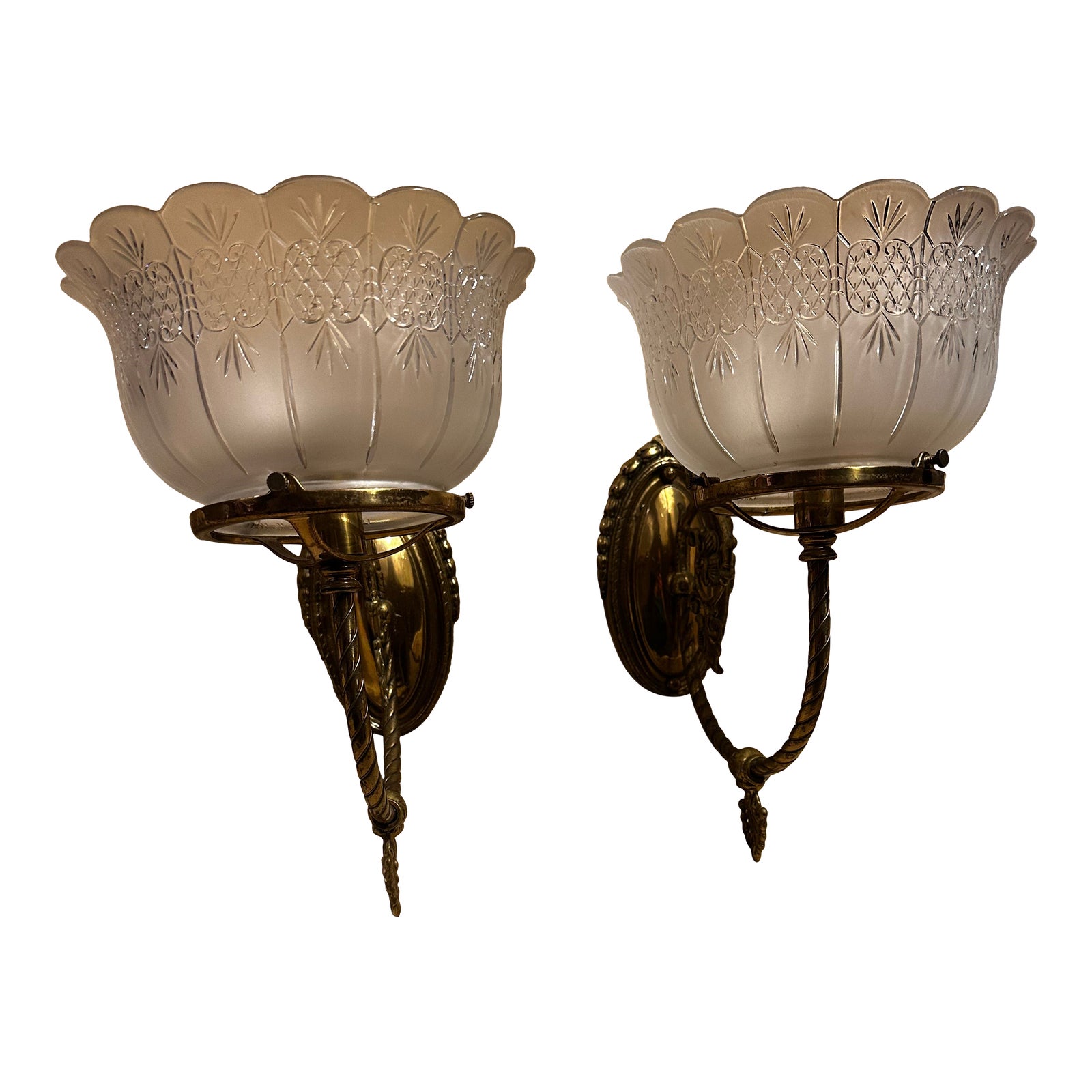 Pair of 1910s Brass Gas Wall Sconces With Vintage Gillinder Gas Shades ...