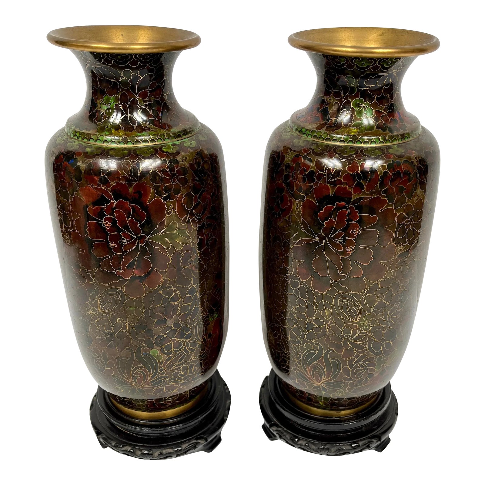 Vintage 1980s Chinese Cloisonne Neutral Tone Vases on Stands - a Pair ...