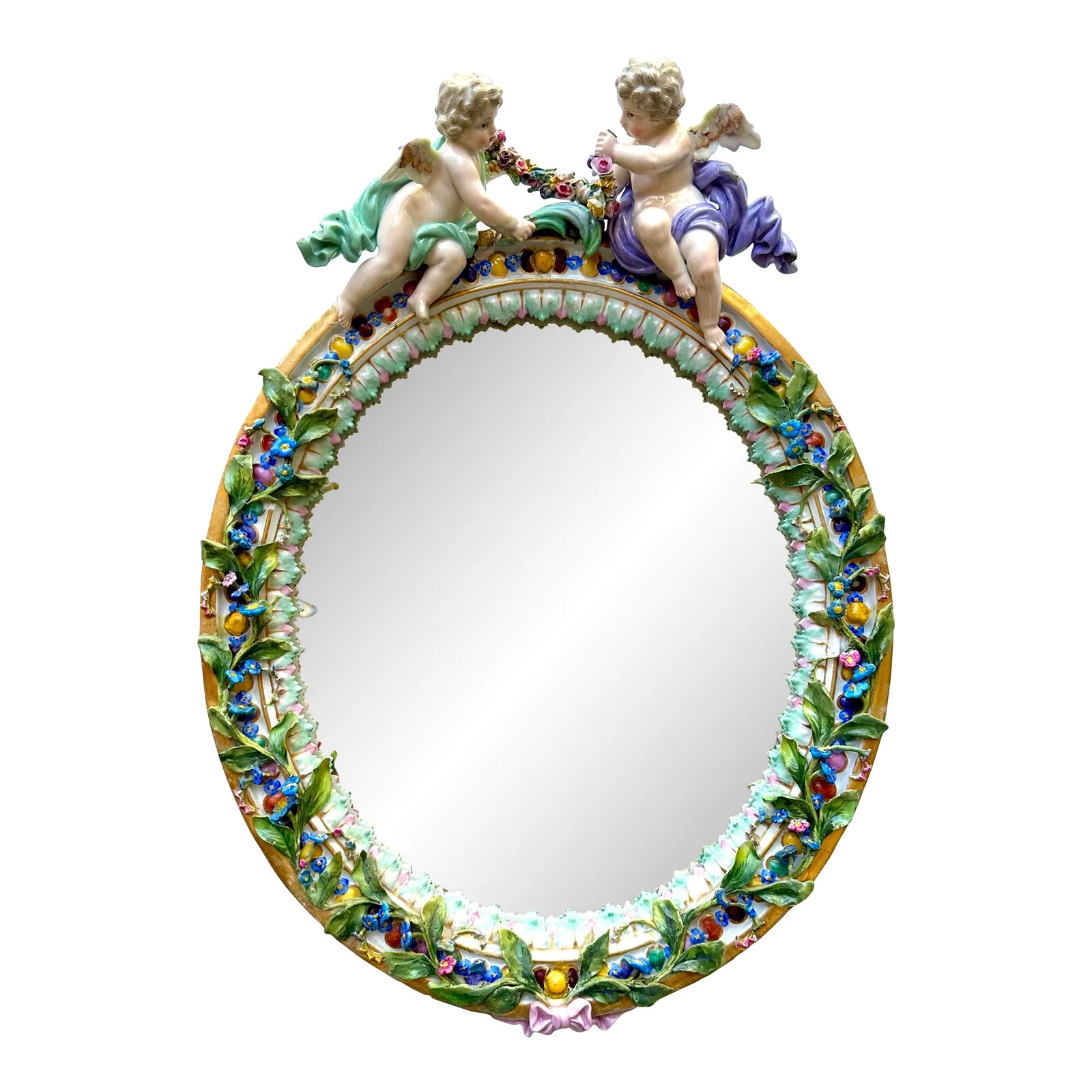 Antique Meissen Mirror With Cherubs and Flowers | Chairish
