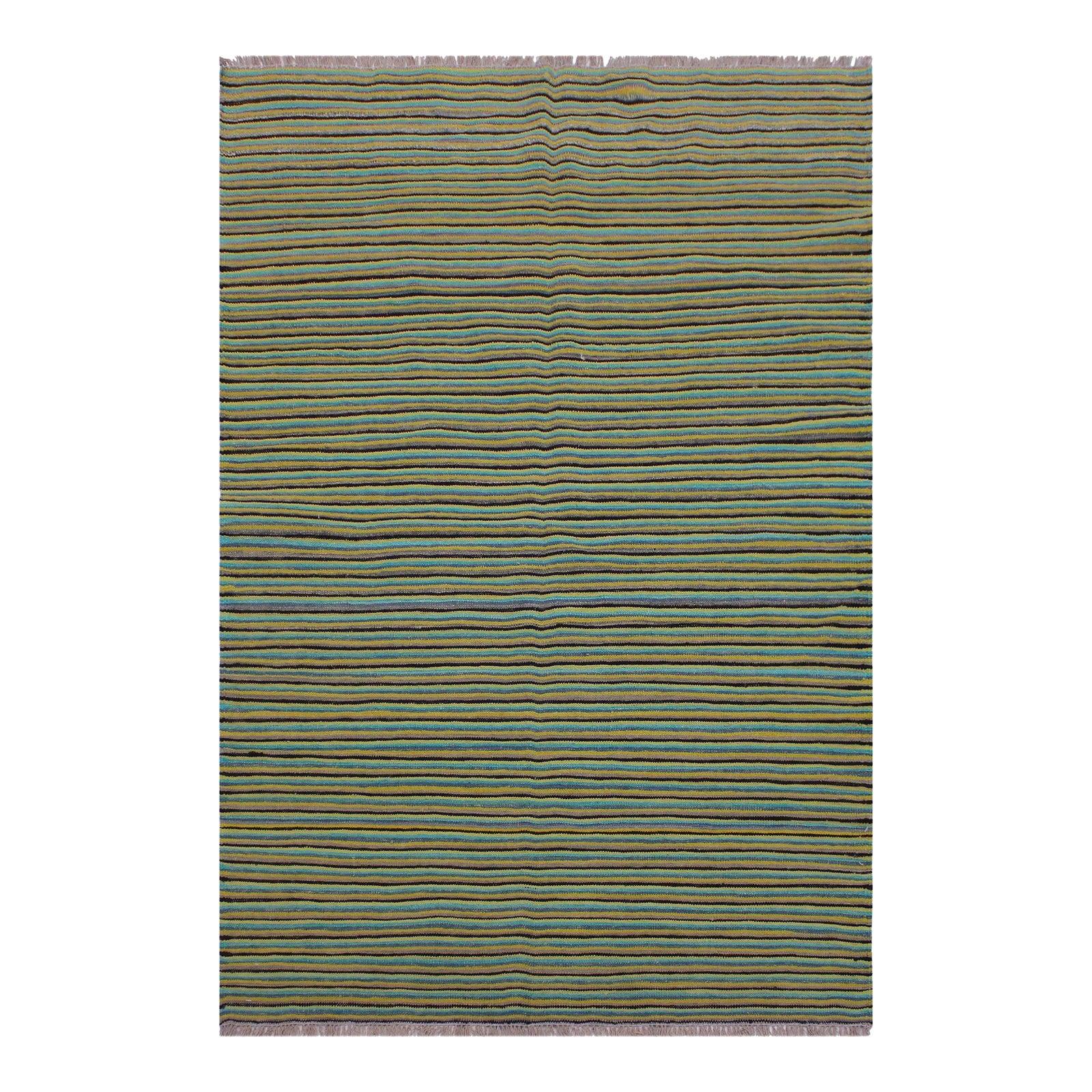 Boho Chic Kilim Green Blue Wool Rug - 4'0" X 5'4" | Chairish