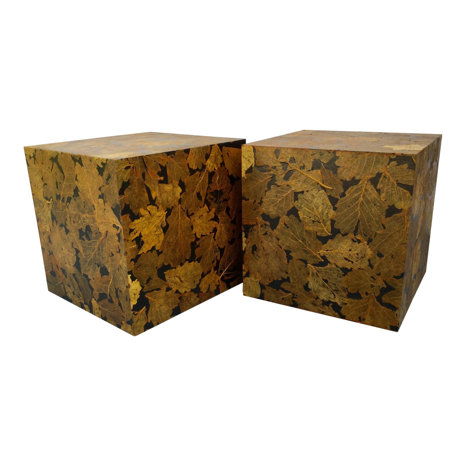 Mid-Century Modern Leaf Decoupage Cube Tables - a Pair | Chairish