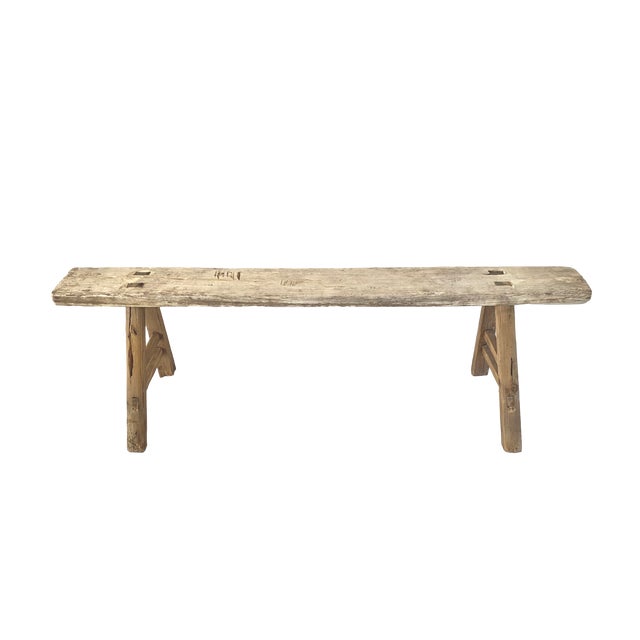 Rustic Elm Wood Long Bench | Chairish