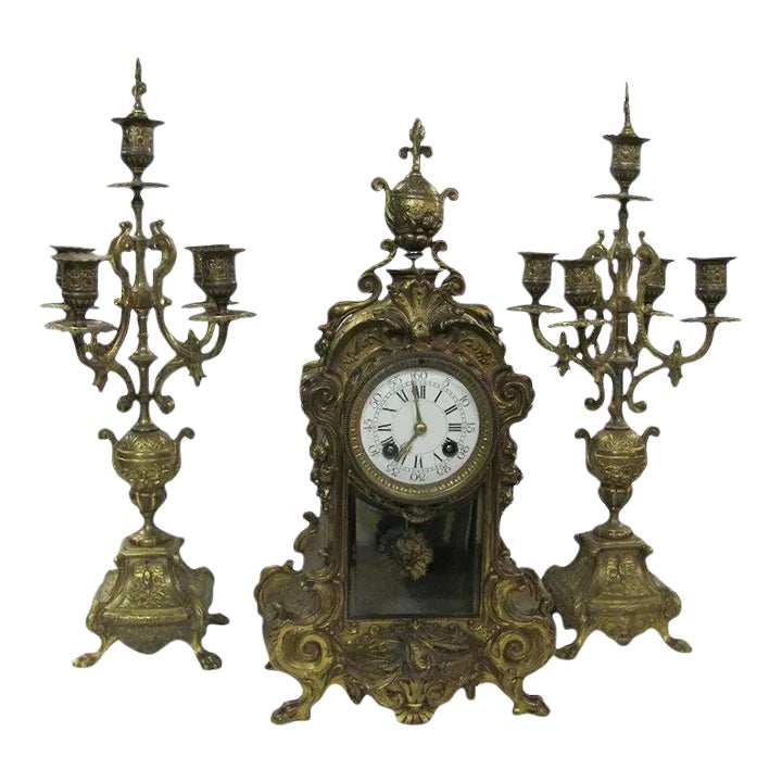 Late 20th Century Bronze Clock Set - 3 Pieces | Chairish