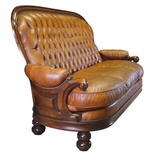 1980s Vintage Italian Fruitwood Tufted Leather Nailhead 3 Seat Library ...