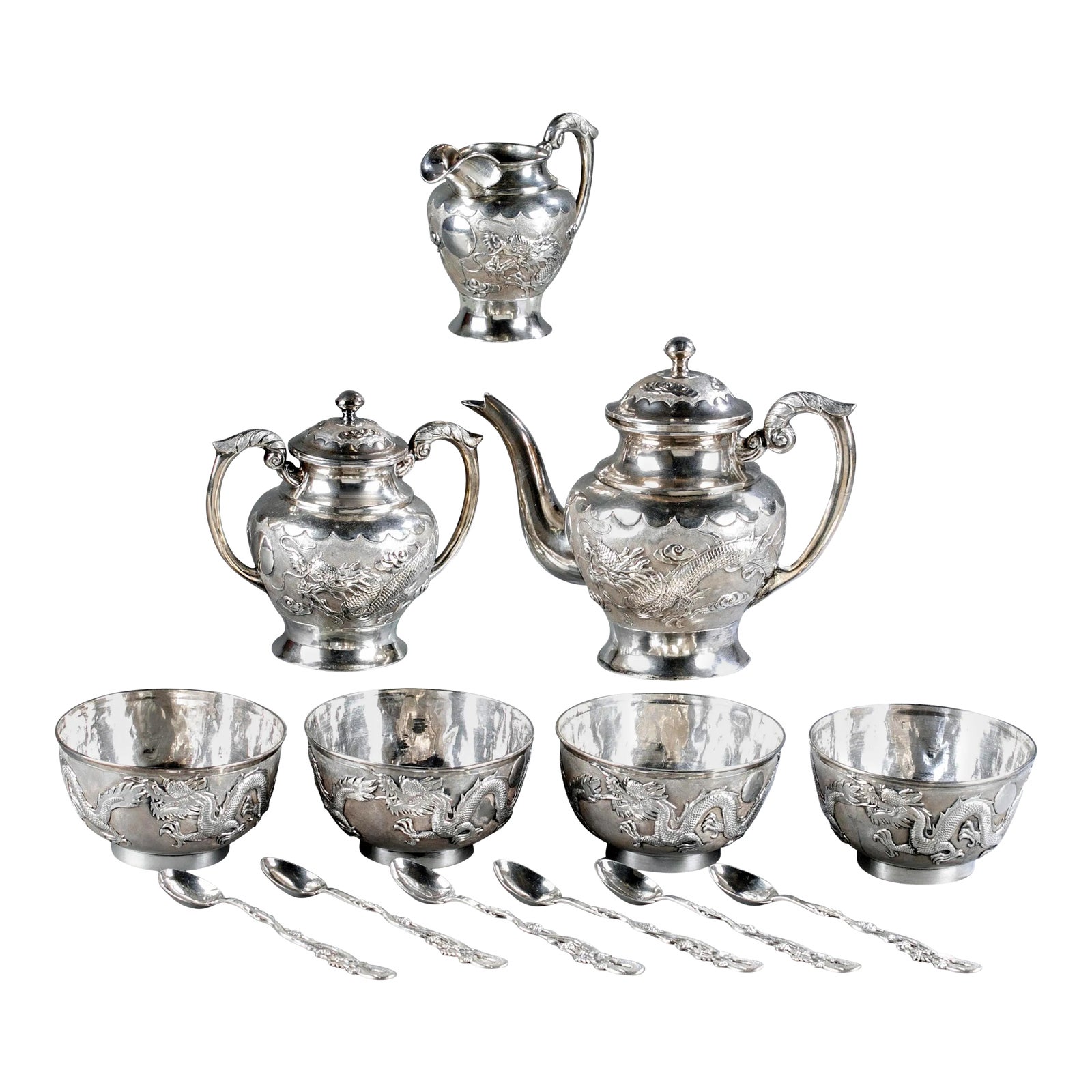 Chinese Export Sterling Silver Tea Set with Dragon Design Tianjing ...