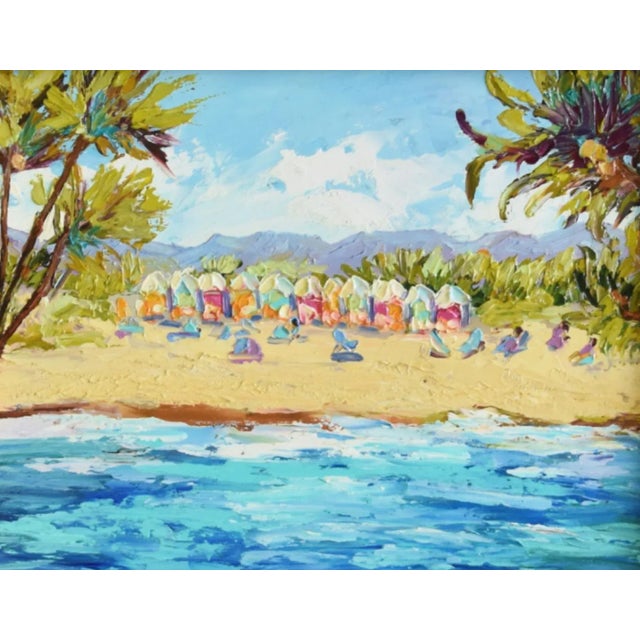 Sandy Beach Cabanas & Palm Trees Landscape Painting W/ Antiqued Gold ...