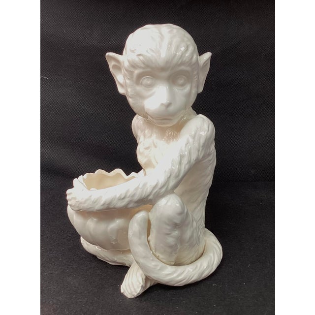 Vintage White Ceramic Monkey With Banana Planter | Chairish