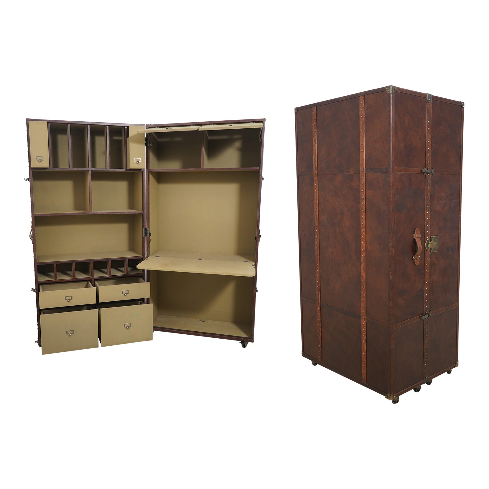 Unique Large Steamer Trunk Style Leather Desk | Chairish