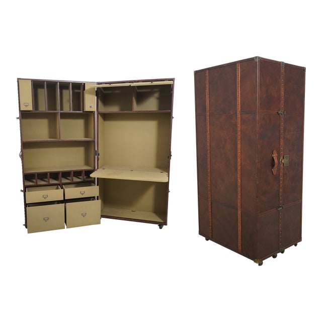 Unique Large Steamer Trunk Style Leather Desk | Chairish