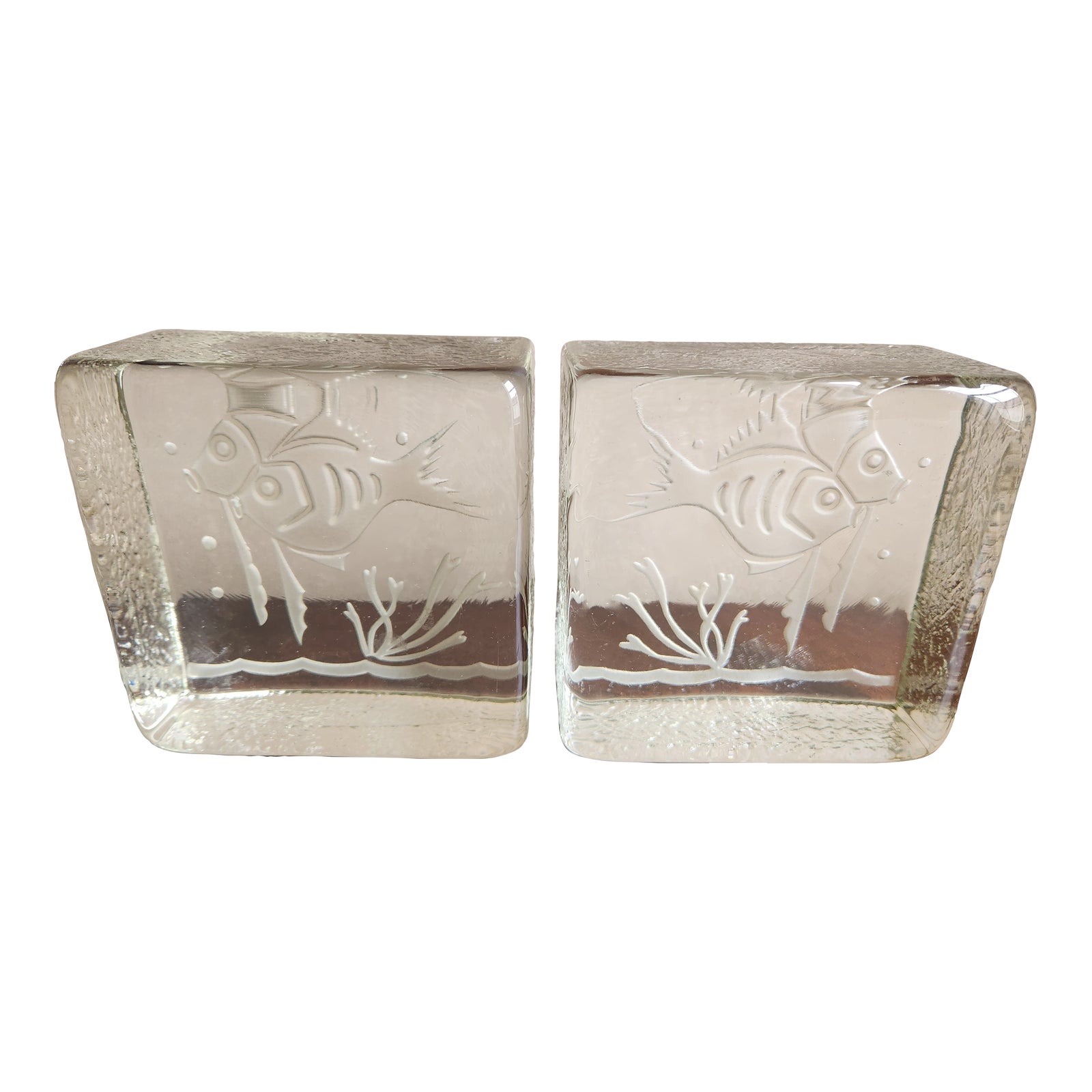 Vintage Heavy Glass Block Bookends Etched Angel Fish Modern Textured ...