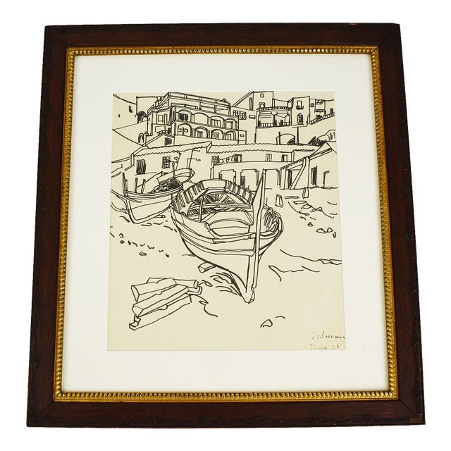 Vintage Framed Boats on Shore Drawing - Artist Signed | Chairish