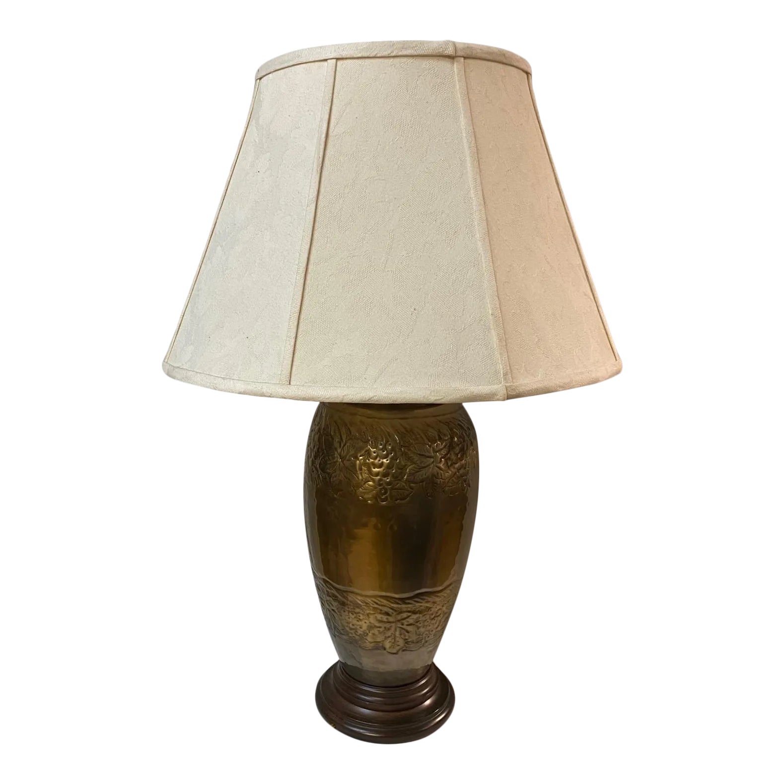 Vintage 80's Lamp With Large Brass Center and Wood Base | Chairish