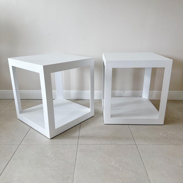 Pair 1970's Linen Wrapped White Lacquered Side Tables | Chairish