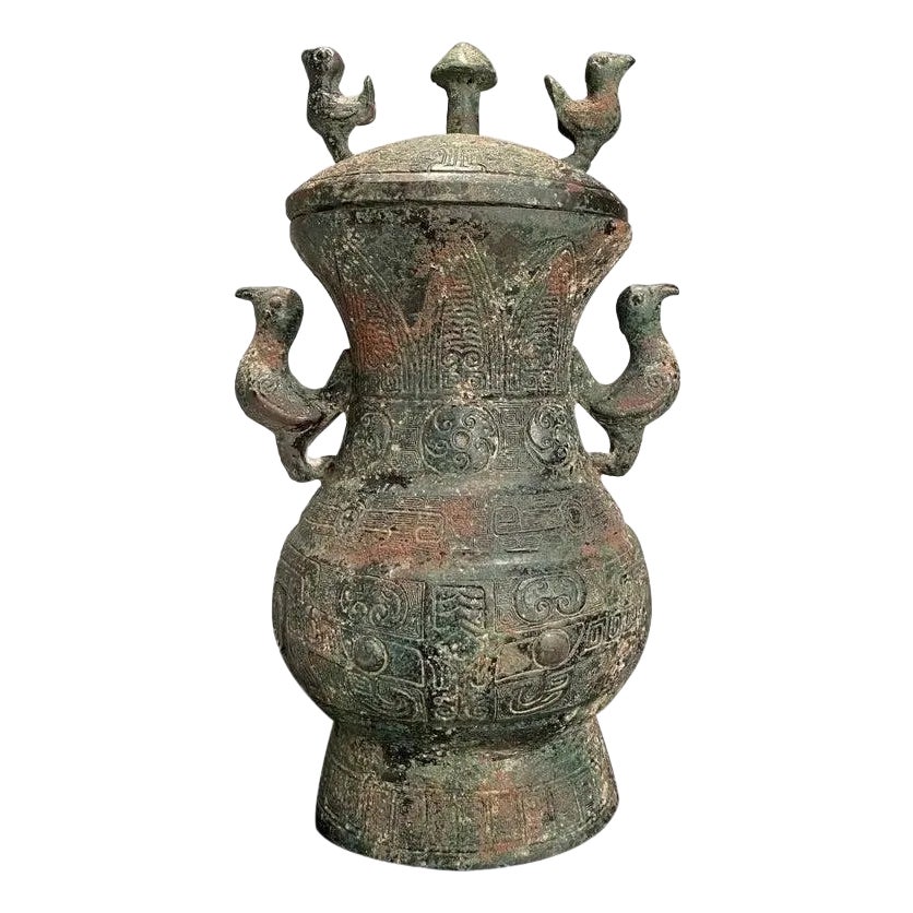 Chinese Archaistic Warring States Style Bronze Lidded Vessel with Bird ...