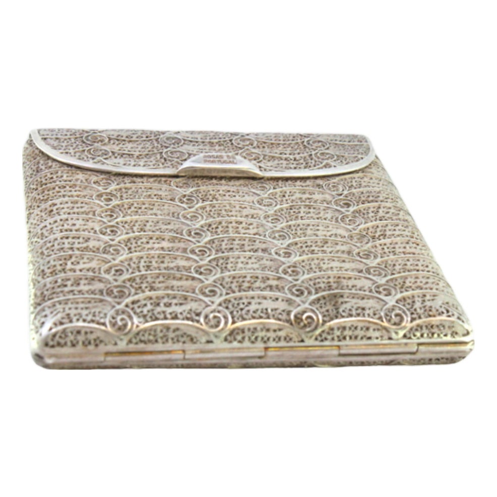 Silver Filigree Cigarette Case with Spring and Hinged Lid | Chairish