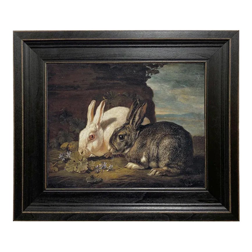 8x10" Framed Print on Canvas of Two Rabbits in Distressed Black Wood ...