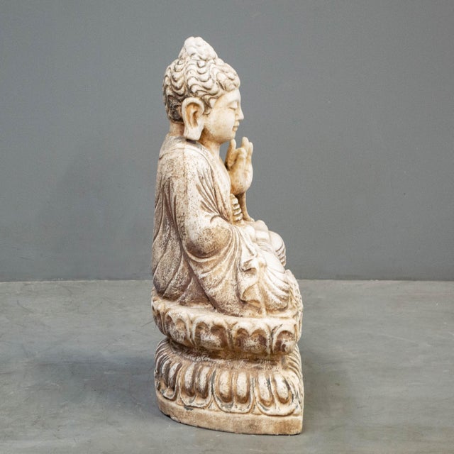 Carved and Patinated White Marble Chinese Buddha Sitting on a Lotus ...