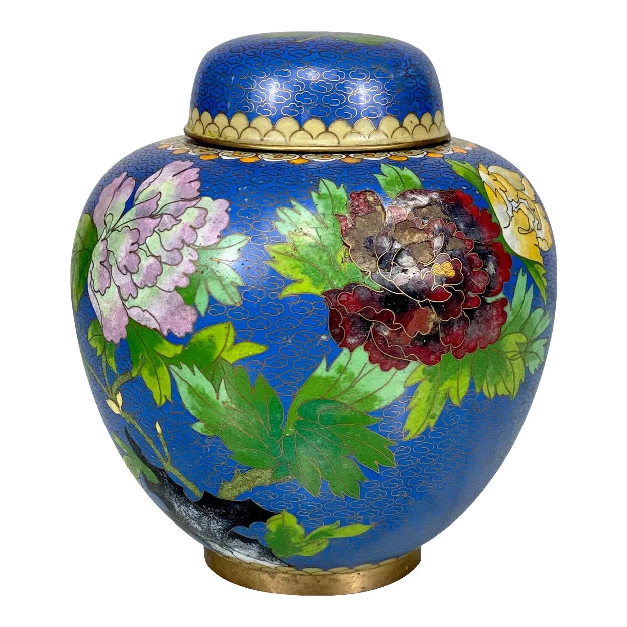 Vintage Chinese Cloisonne Brass & Enamel Floral Ginger Jar Urn | Chairish