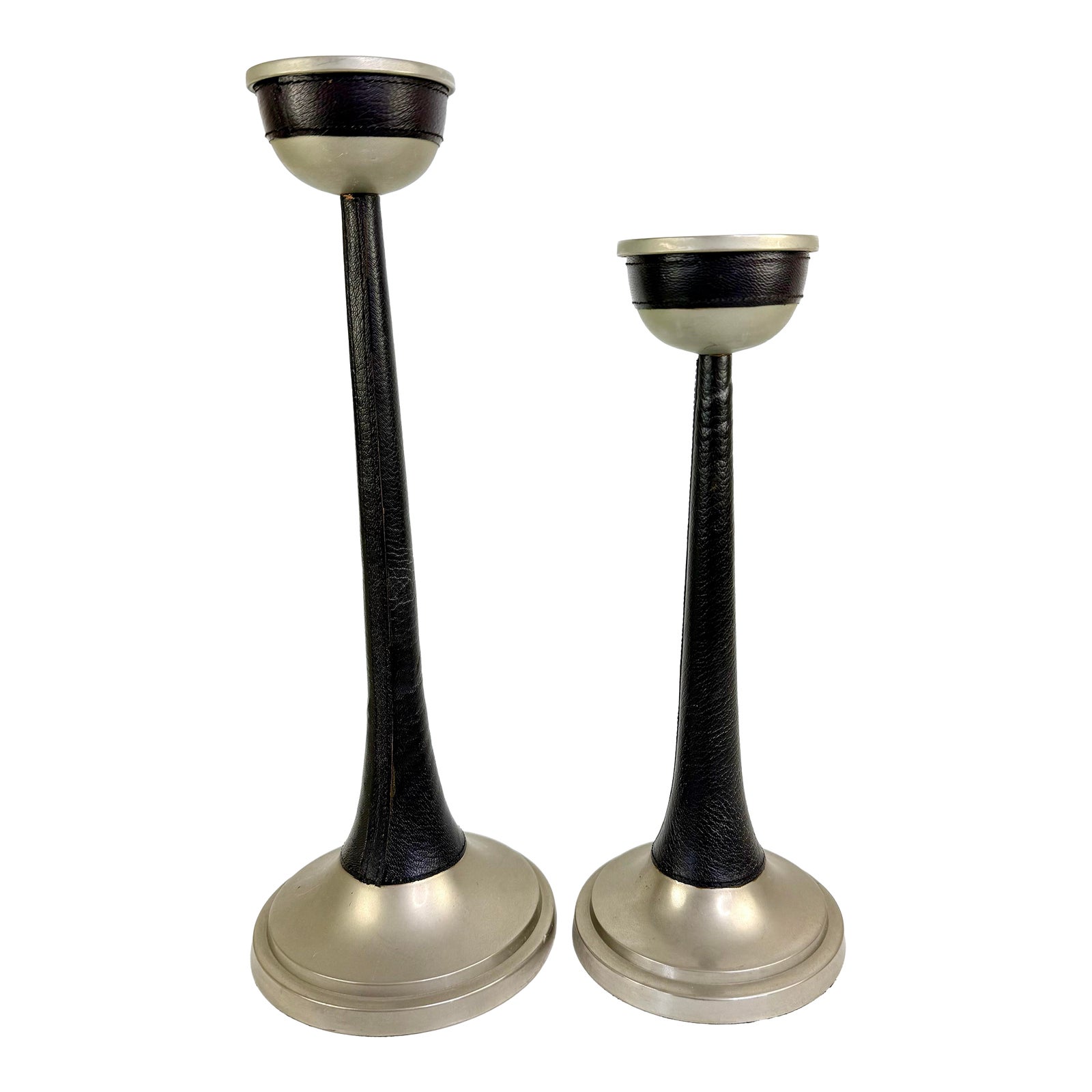Pair of Vintage Modern Candlestick Holders Leather & Silver Tone ...
