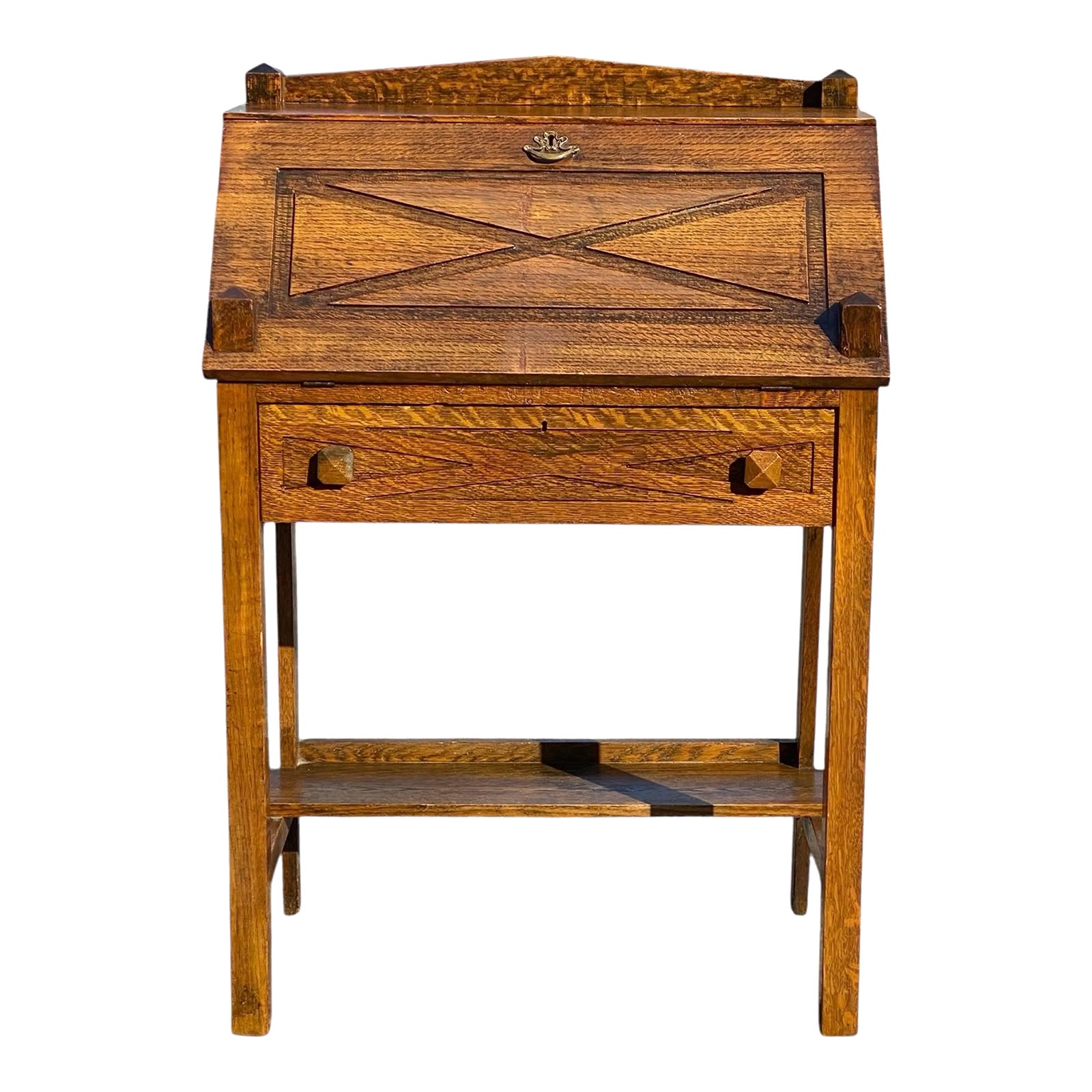 Antique Arts & Crafts Mission Oak Slant Lid Desk or Dry Bar With Twin ...