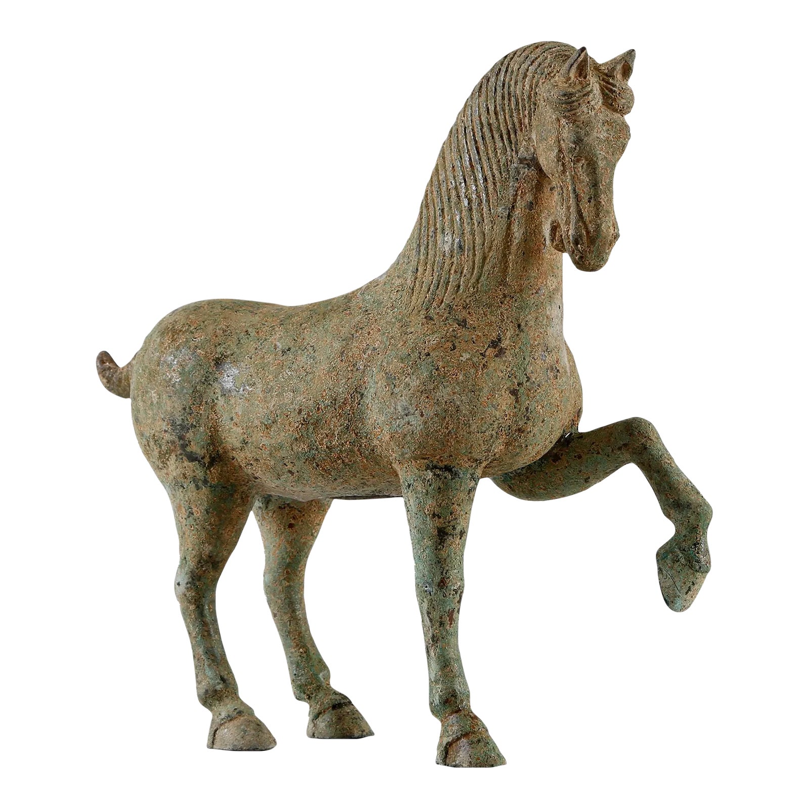 Contemporary Distressed Green Bronze Horse Statue Hoof Up | Chairish