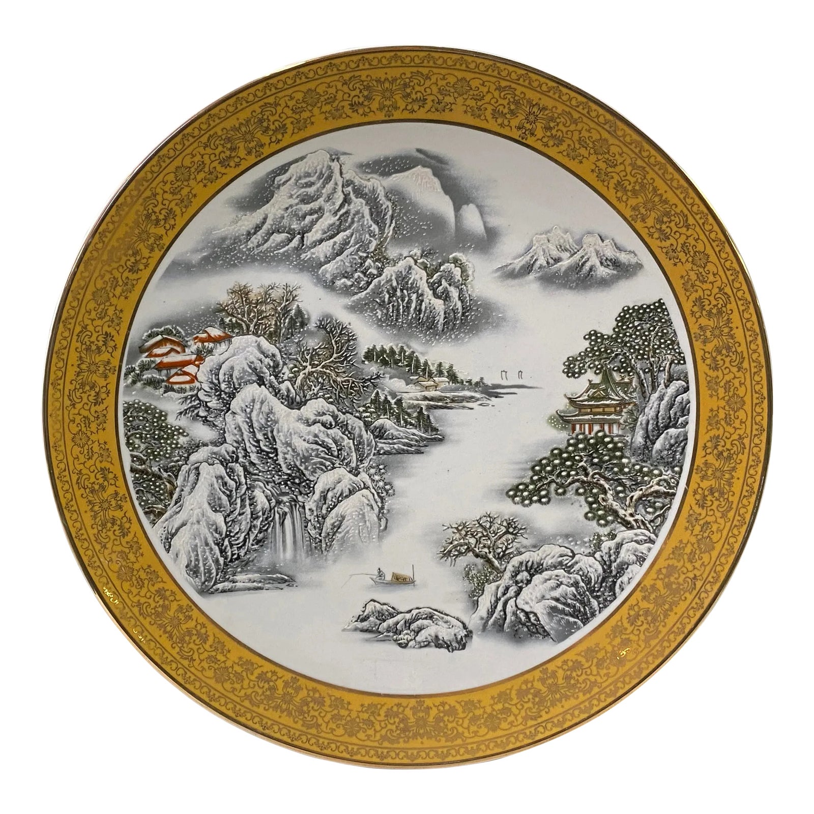 Chinese Gray White Snow Scenery Graphic Porcelain Display Charger Plate ...