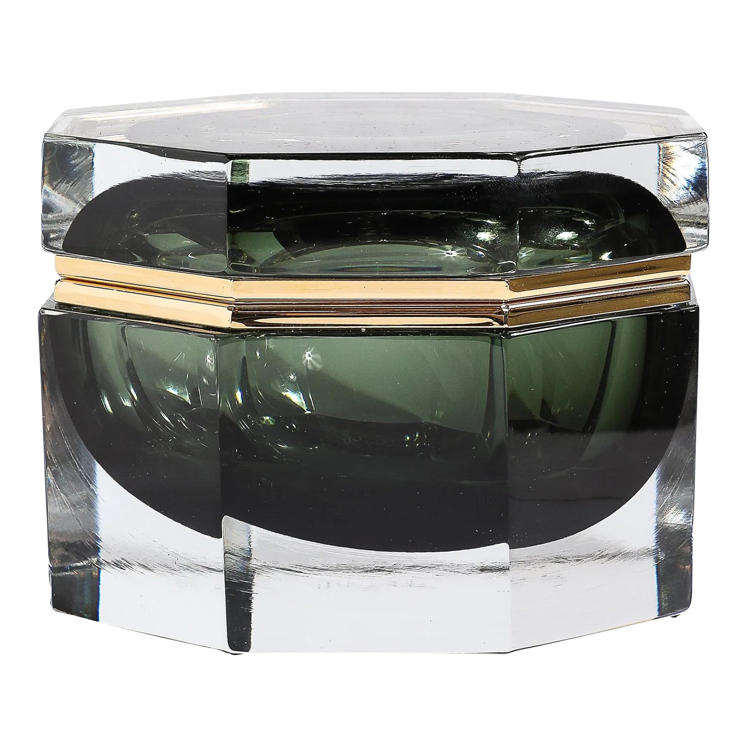 Modernist Hand-Blown Murano Octagonal Glass Box in Emerald W/ Brass ...